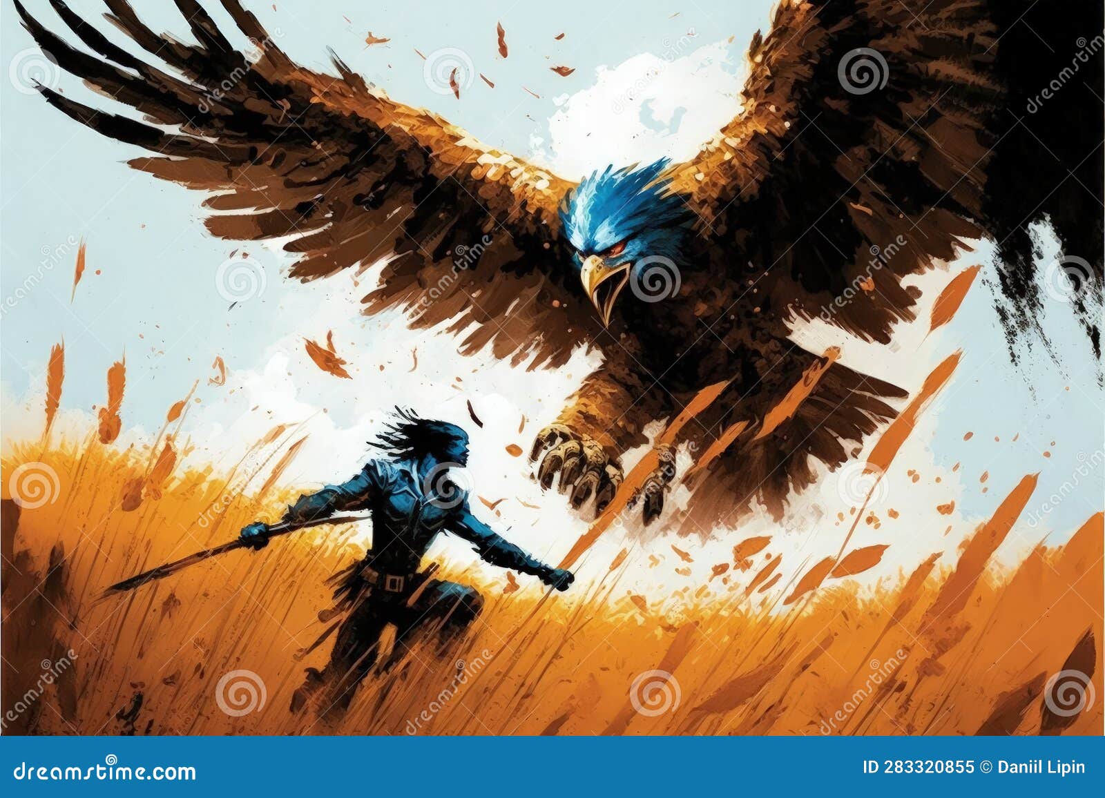 Colossal Bird of Prey Attacks the Fighter from Overhead in a Meadow ...