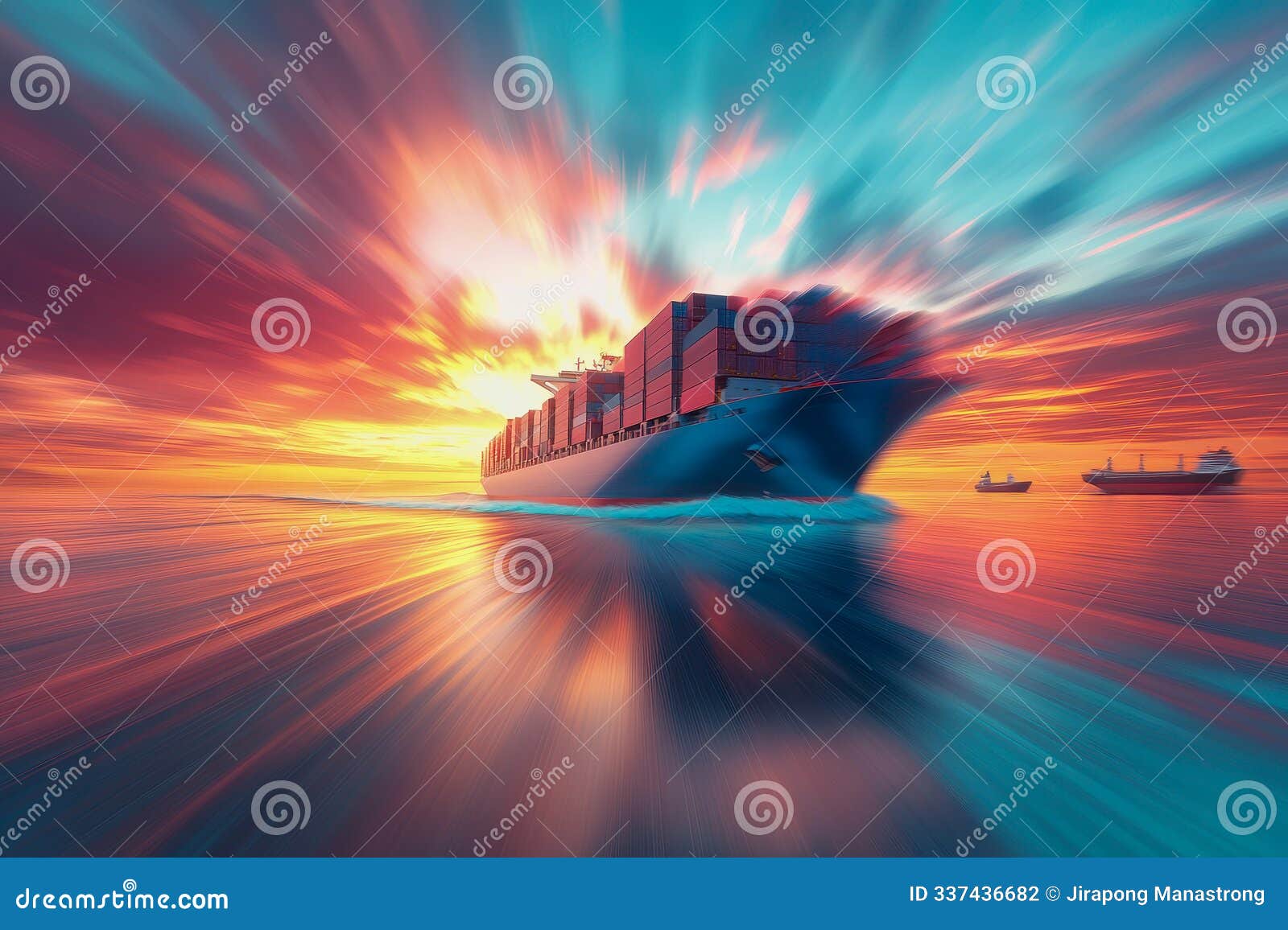 Colossal Cargo Ship Sailing at Sunset, Reflecting Vibrant Colors in the ...