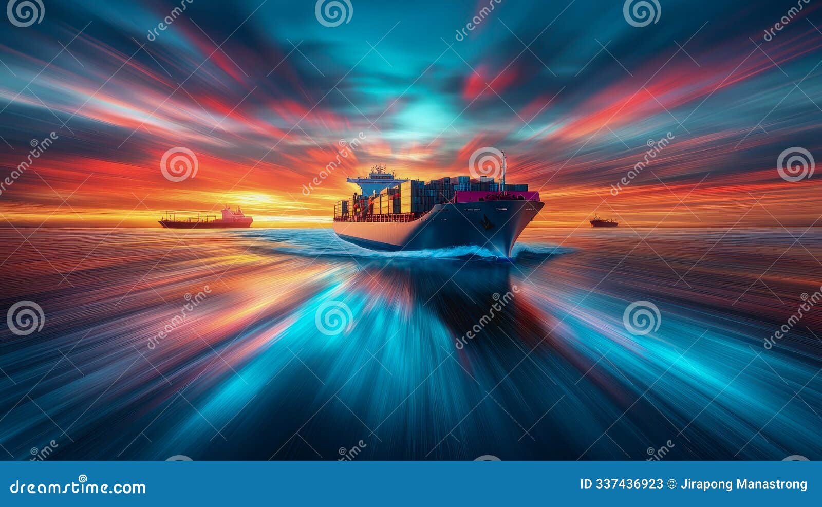 Colossal Cargo Ship Sailing at Sunset, Reflecting Vibrant Colors in the ...