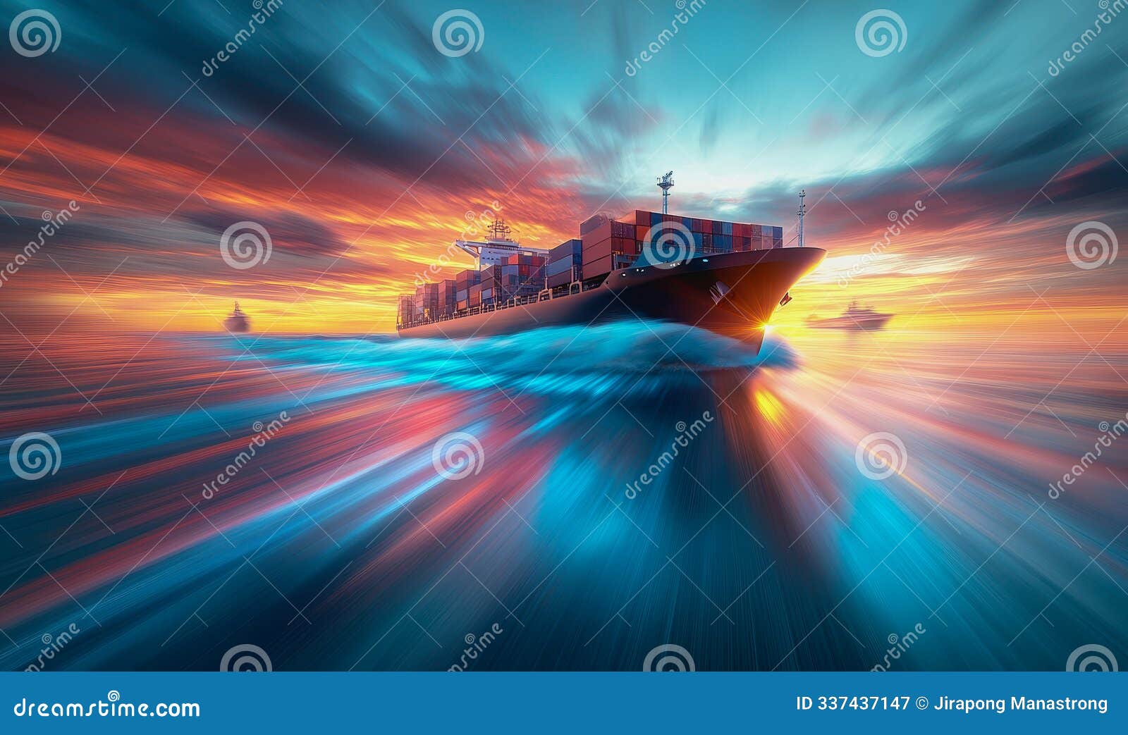 Colossal Cargo Ship Sailing at Sunset, Reflecting Vibrant Colors in the ...