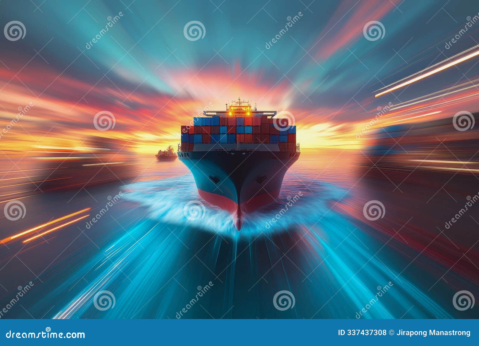 Colossal Cargo Ship Sailing at Sunset, Reflecting Vibrant Colors in the ...
