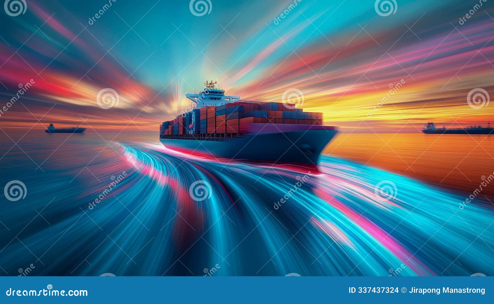 Colossal Cargo Ship Sailing at Sunset, Reflecting Vibrant Colors in the ...