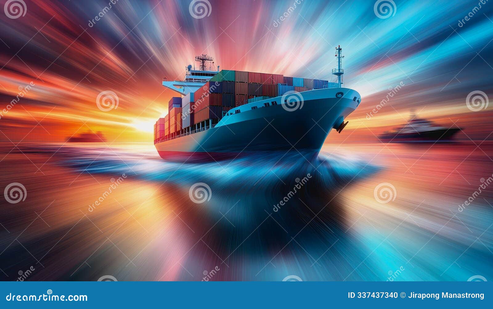 Colossal Cargo Ship Sailing at Sunset, Reflecting Vibrant Colors in the ...