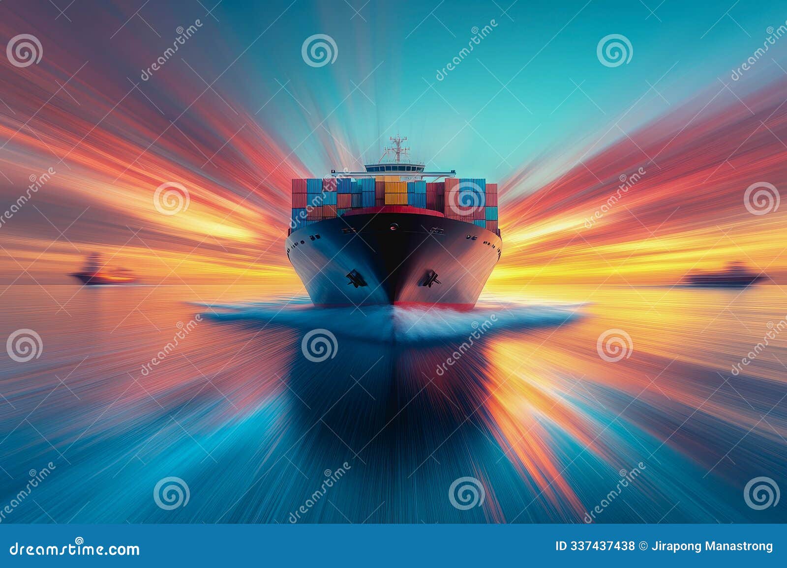 Colossal Cargo Ship Sailing at Sunset, Reflecting Vibrant Colors in the ...