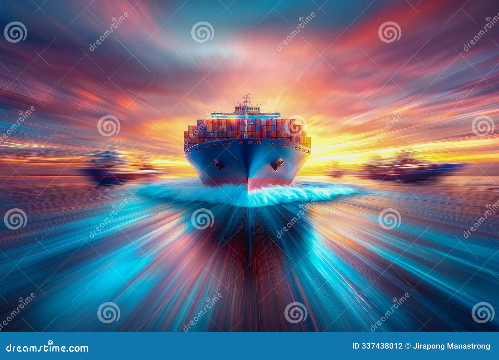 Colossal Cargo Ship Sailing at Sunset, Reflecting Vibrant Colors in the ...
