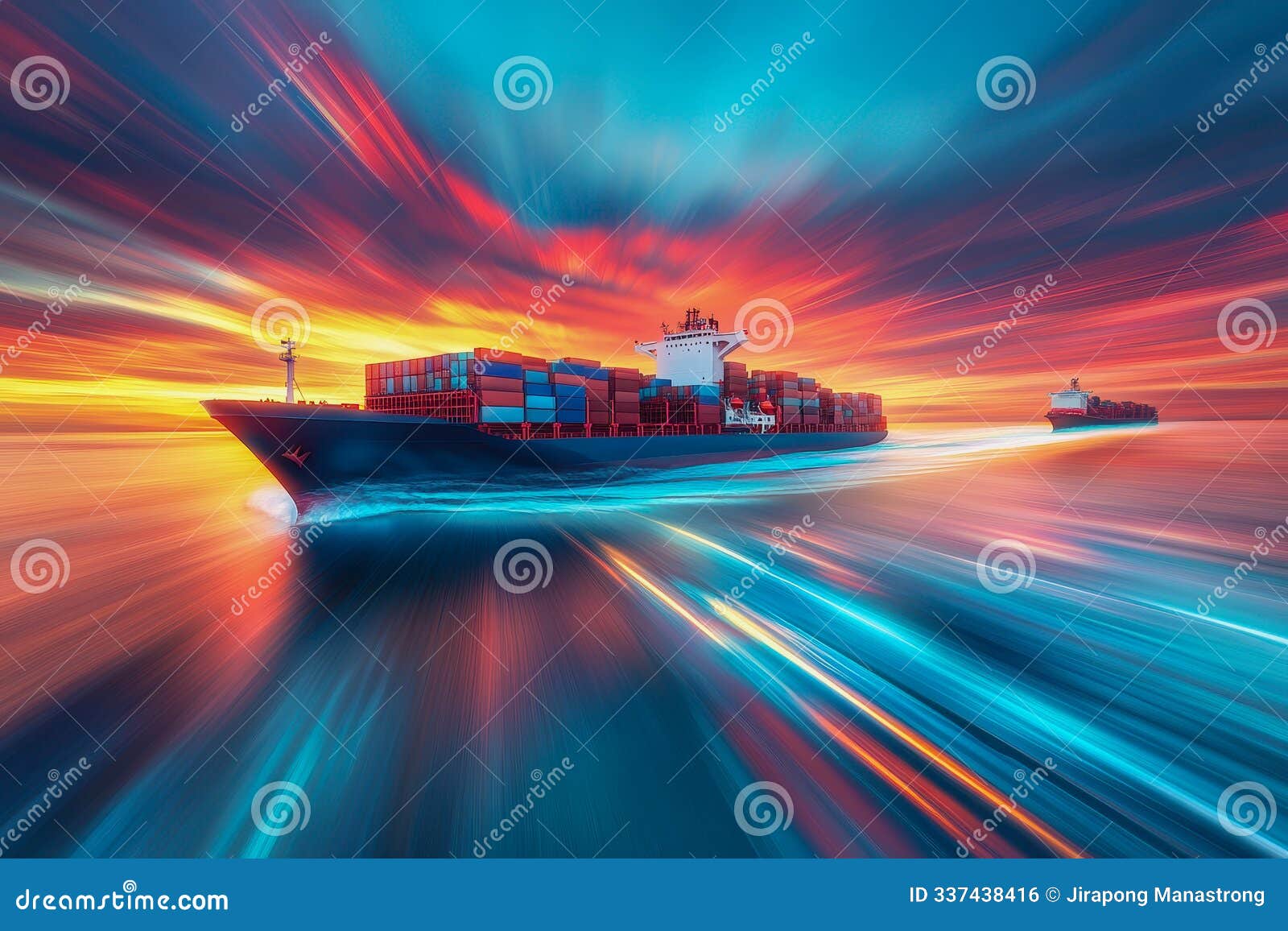 Colossal Cargo Ship Sailing at Sunset, Reflecting Vibrant Colors in the ...