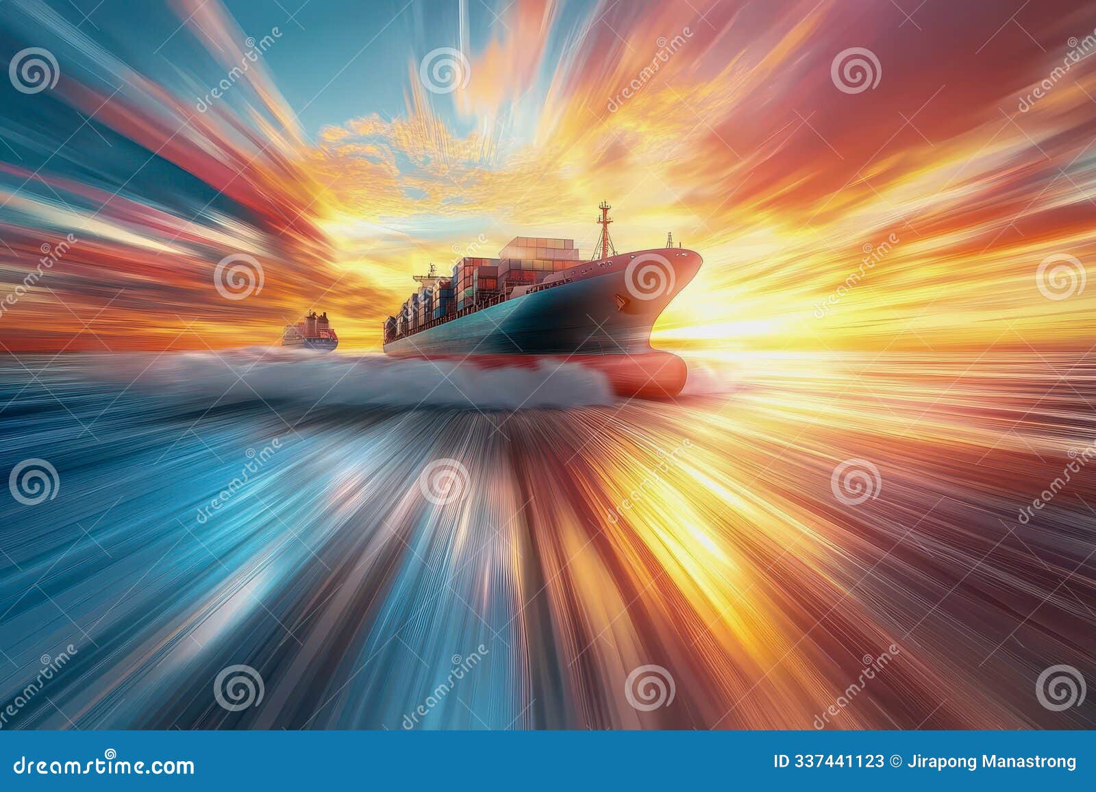 Colossal Cargo Ship Sailing at Sunset, Reflecting Vibrant Colors in the ...