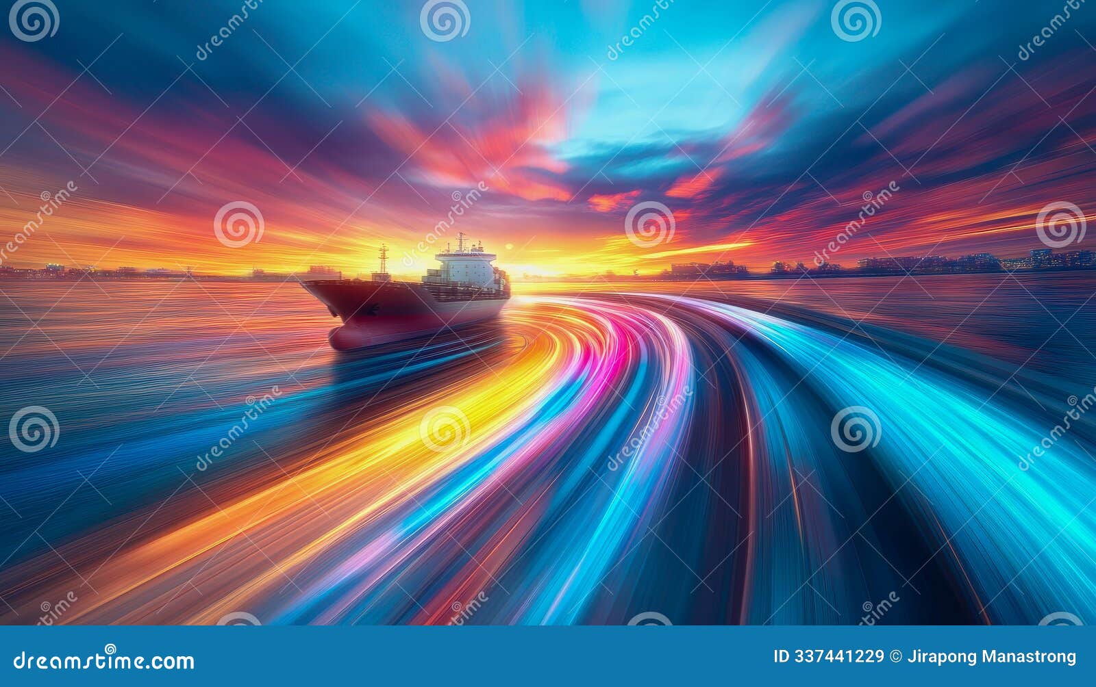 Colossal Cargo Ship Sailing at Sunset, Reflecting Vibrant Colors in the ...