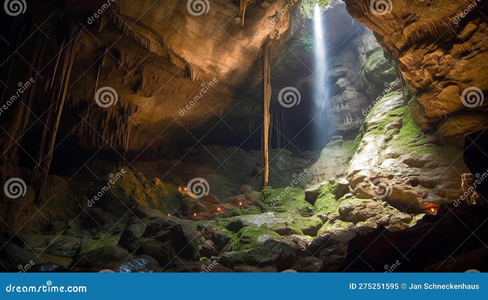A Colossal Cave With Light And Waterfall From Above. Royalty-Free Stock ...