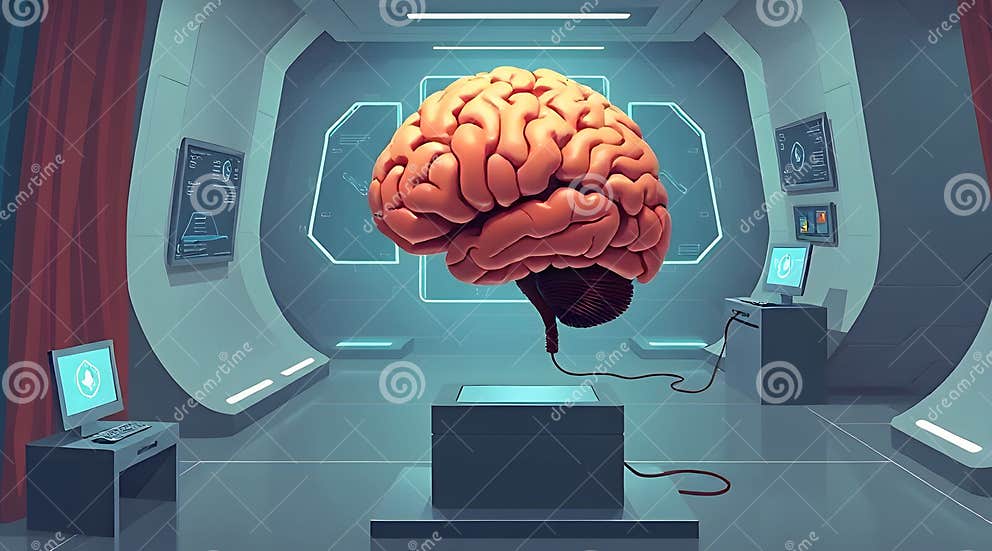 A Colossal Human Brain Connected To One or More Computers. Stock ...