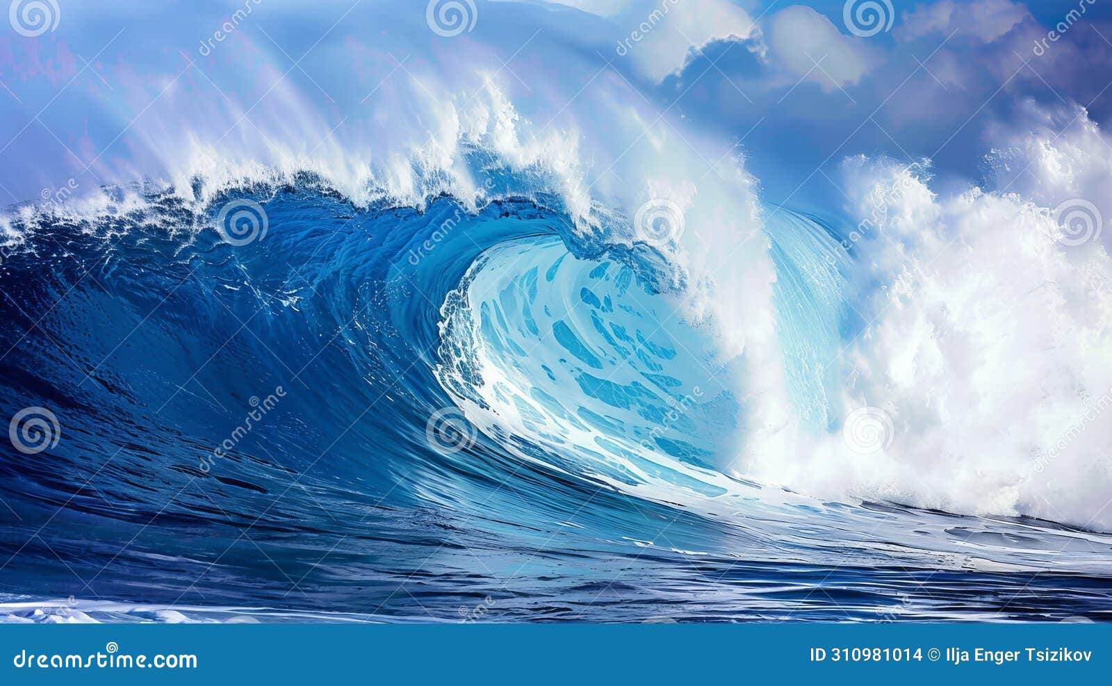 Colossal Ocean Wave Crashing Under Blue Sky, Dramatic Side View of ...