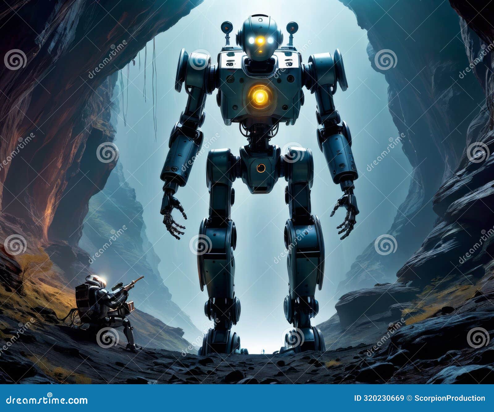 Colossal Robot Exploring a Cavern Stock Image - Image of scifi ...