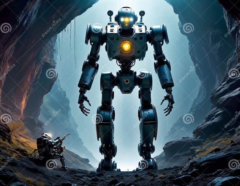 Colossal Robot Exploring a Cavern Stock Image - Image of scifi ...