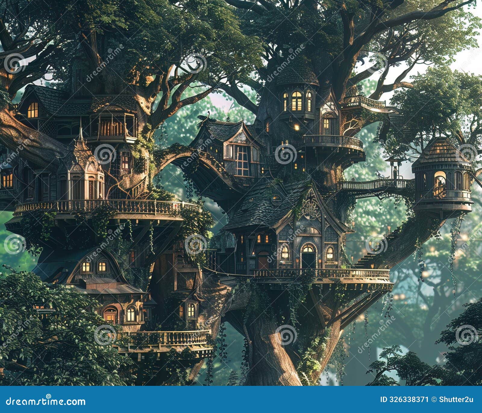 A Colossal Treehouse City Interconnected By Vine Bridges Royalty-Free ...