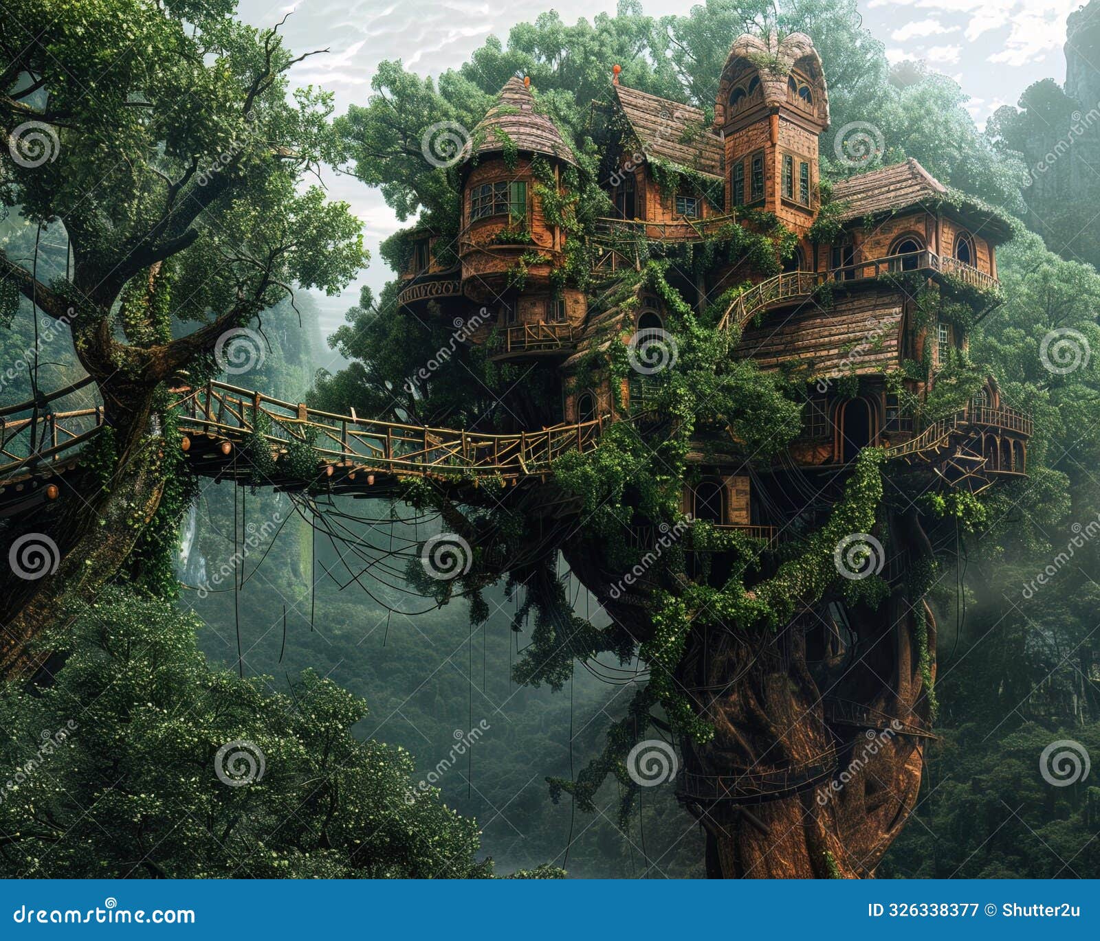 A Colossal Treehouse City Interconnected By Vine Bridges Stock Photo ...