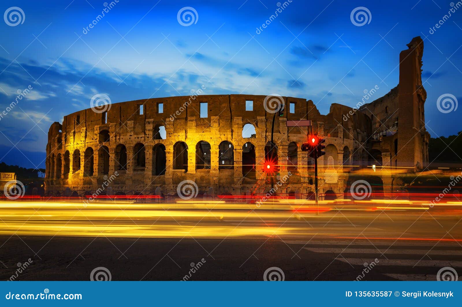 Colosseum and car lights stock image. Image of colesseum - 135635587