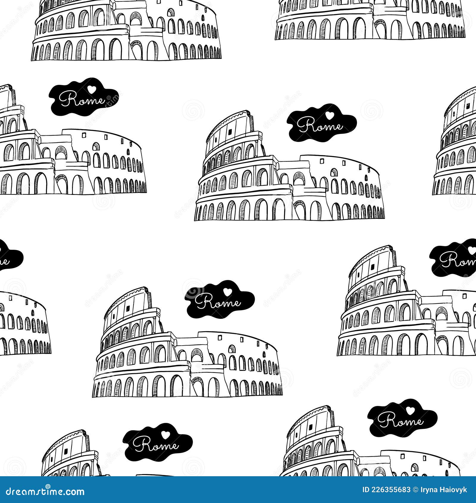 Colosseum Digital Hand Drawn Sketch Seamless Pattern. with Rome Sign ...