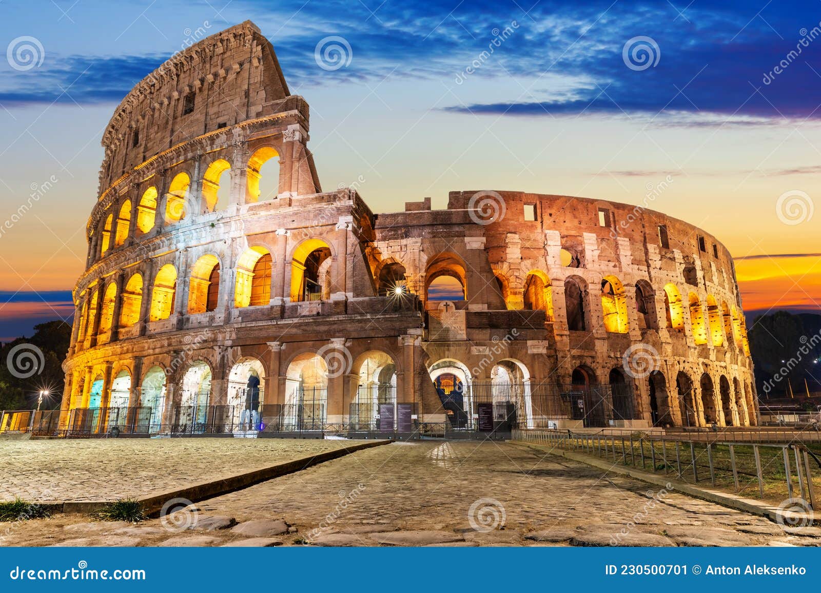 The Colosseum Illuminated at Sunrise, Front View, Rome, Italy Stock ...