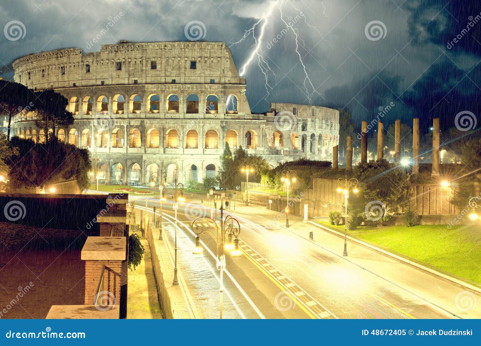 Colosseum in the Night. Raining and Lightning Stock Image - Image of ...