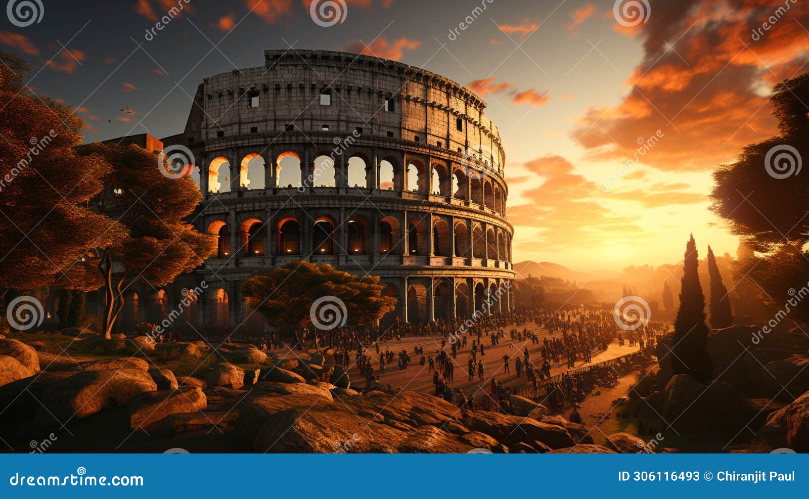 Colosseum in Rome with Crowd Gathered at Sunrise Stock Image - Image of ...