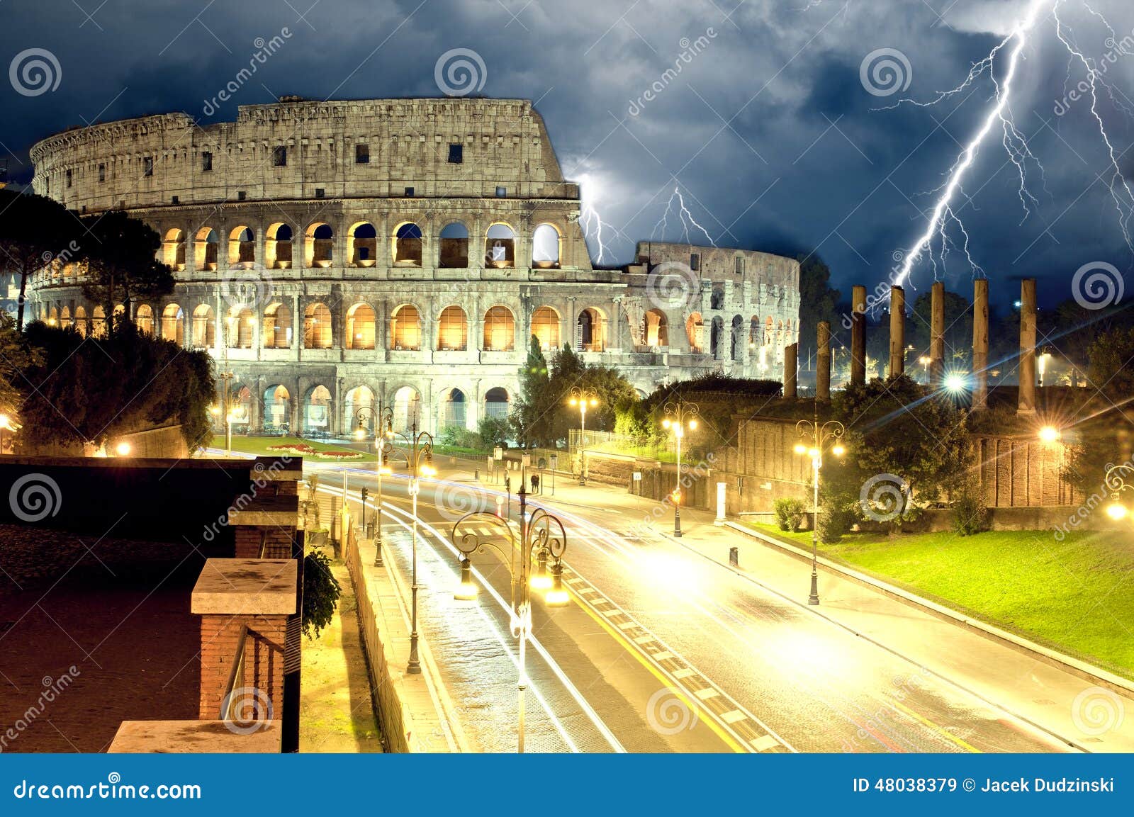 Colosseum Rome by Night, Lightning Stock Image - Image of forum ...