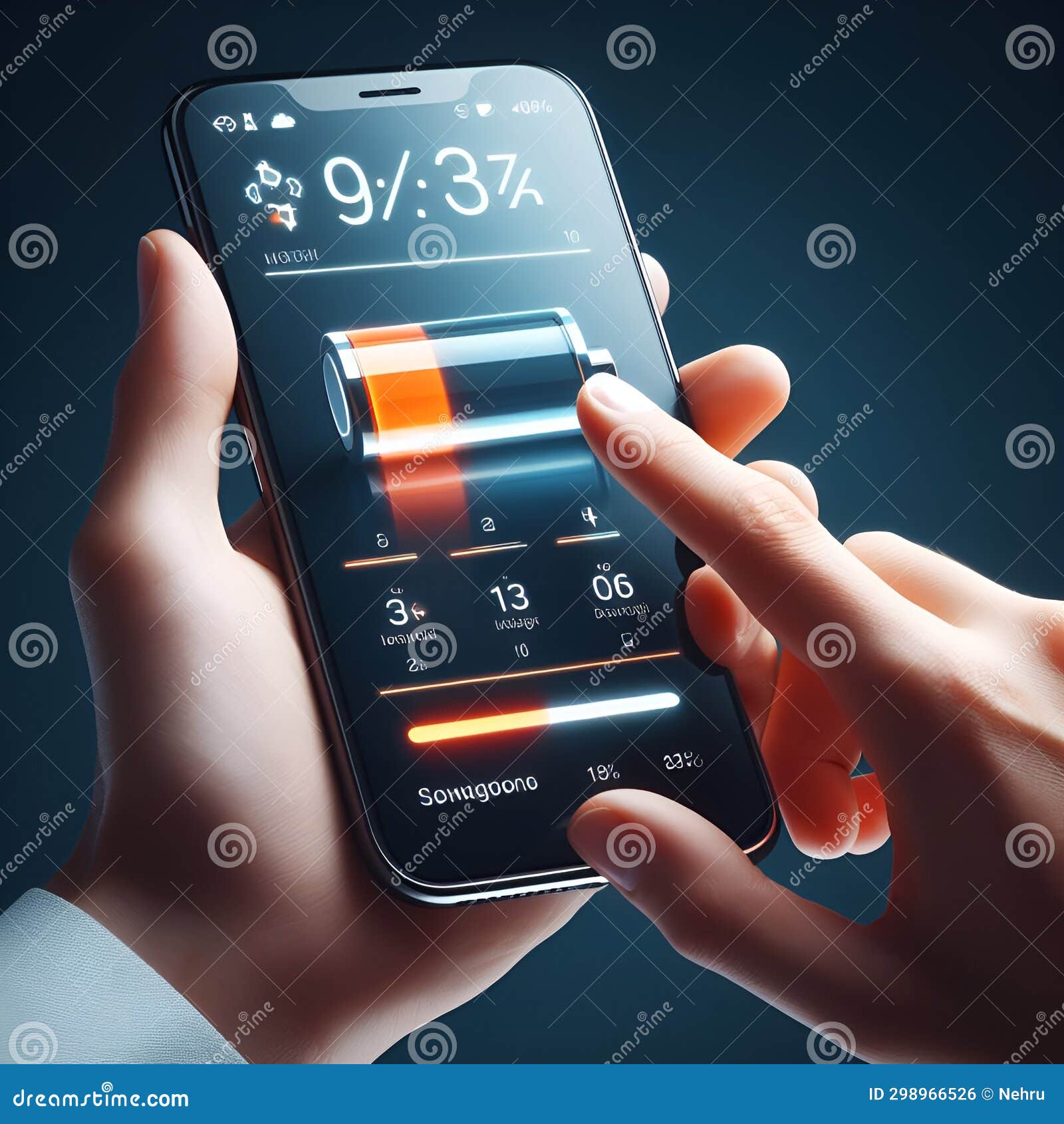 Colour Battery Level Indicator on a Smartphone Hand Holding Stock Photo ...