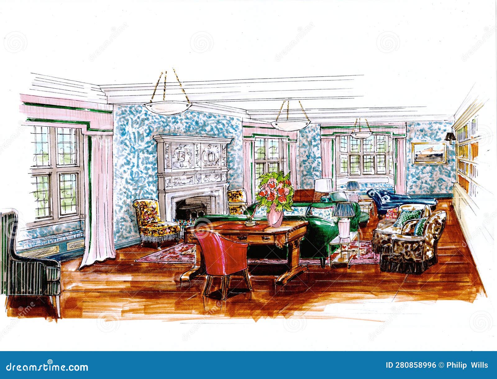 Colour Illustration of a Large Traditional Style Lounge. Stock ...