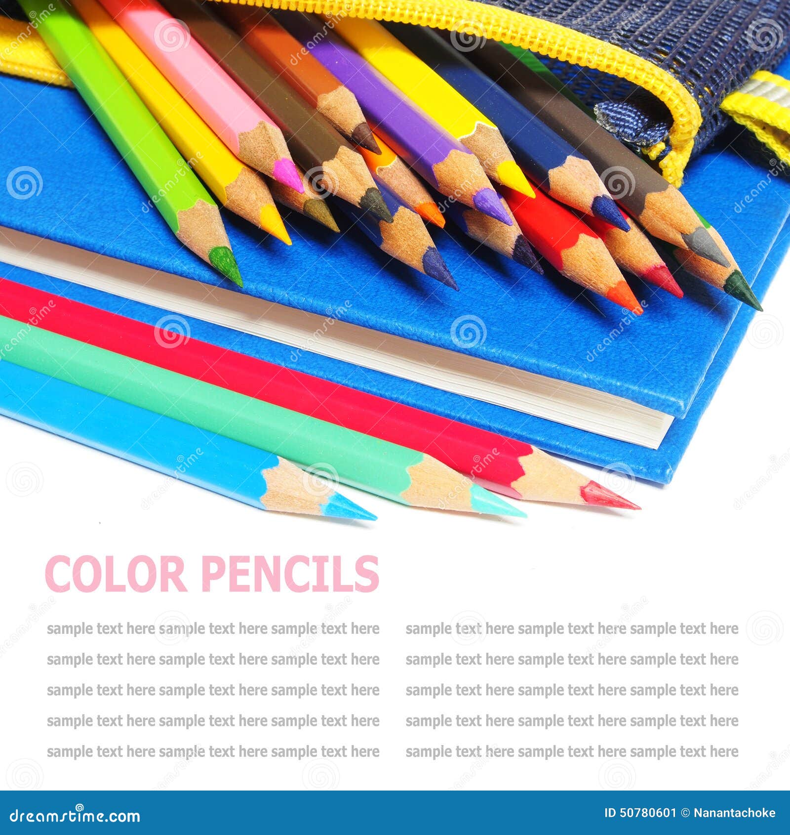 Colour Pencils and a Blue Note Book Isolated on White Stock Image ...