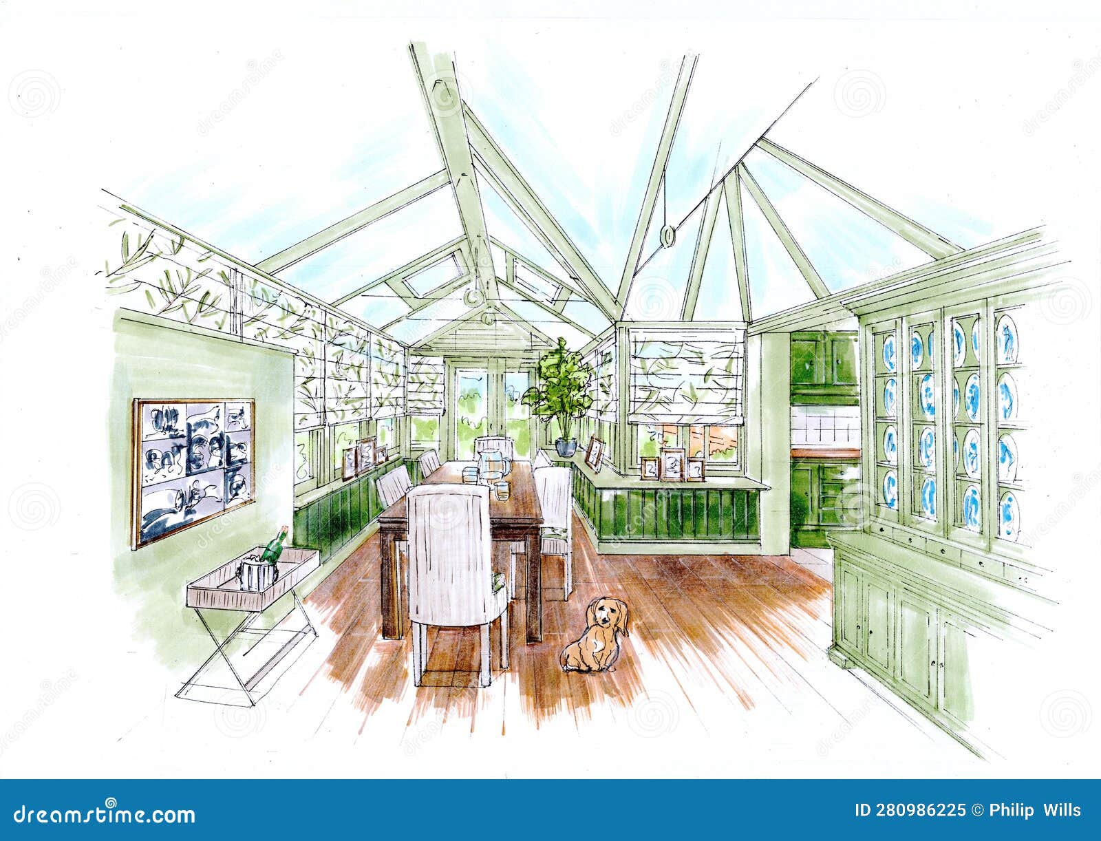 Colour Sketch of a Large Conservatory. Stock Illustration ...
