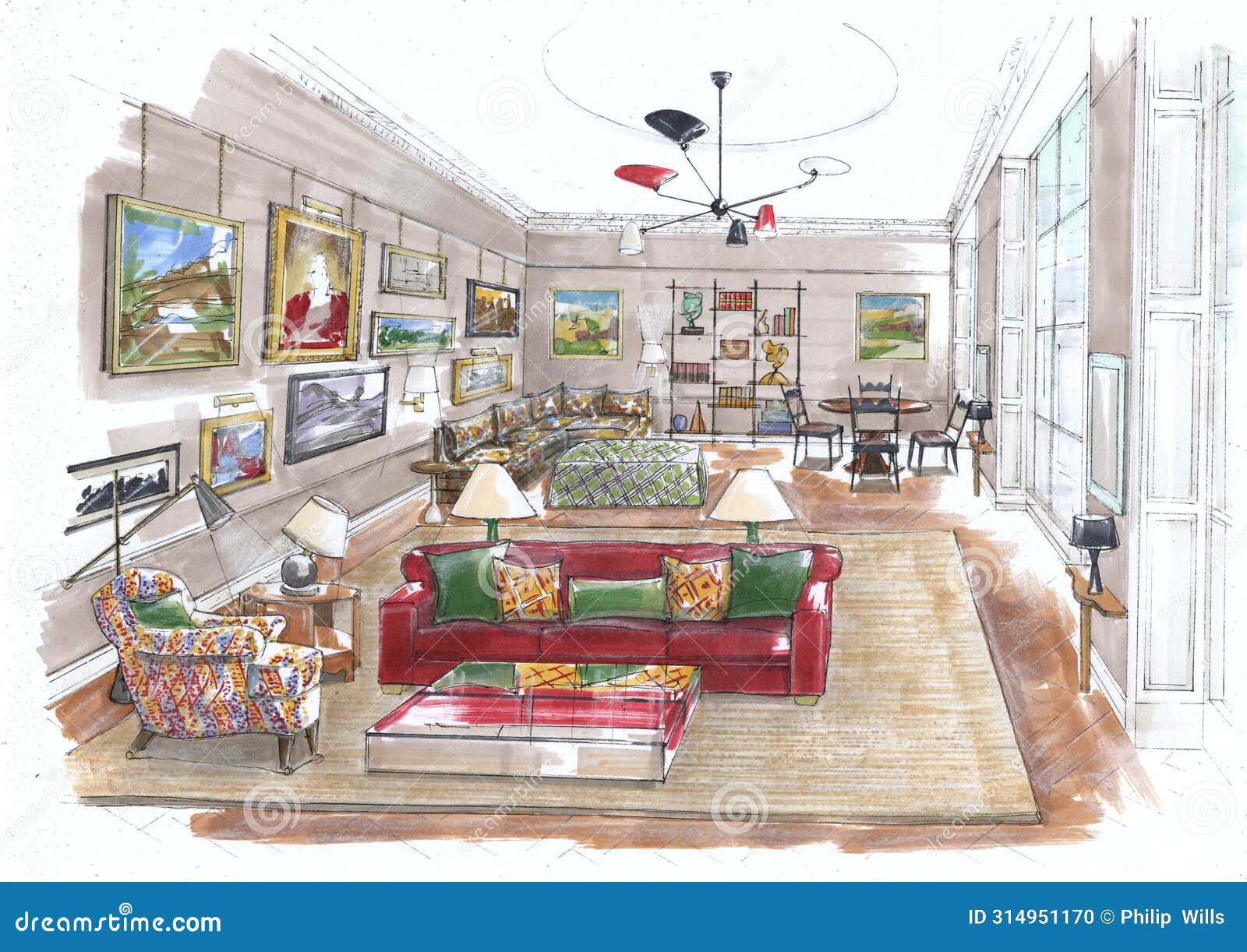 Colour Sketch for a Large Contemporary Style Lounge Stock Illustration ...