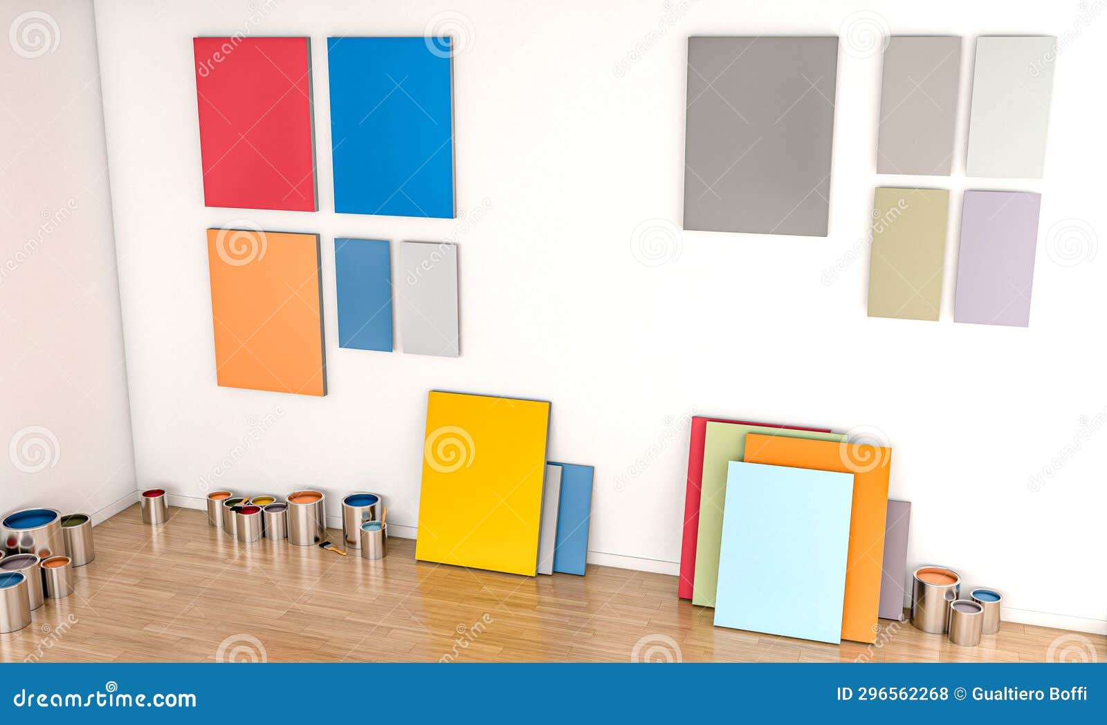 Colour Tests on a Wall in an Empty House, Paint Cans Stock Illustration ...