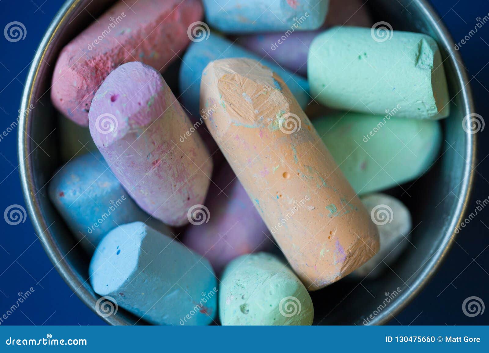 Coloured chalks in tin stock photo. Image of child, crayon - 130475660