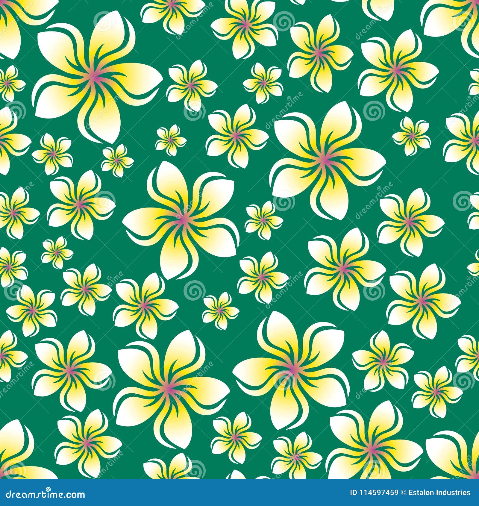 Coloured Frangipani Flower on Green Seamless Repeat Pattern Background ...