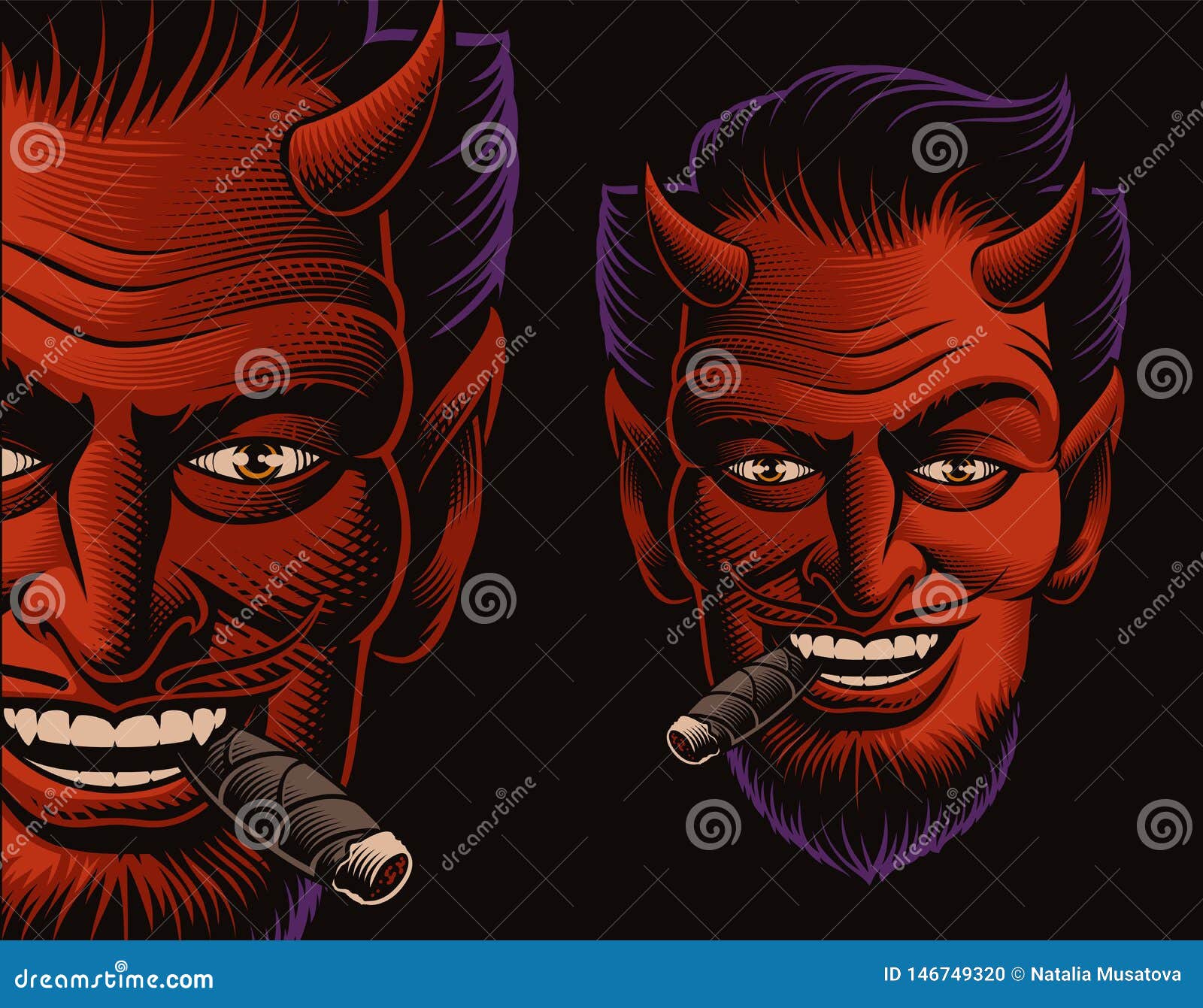 Coloured Illustration of a Devil Face Smoking a Cigar Stock ...