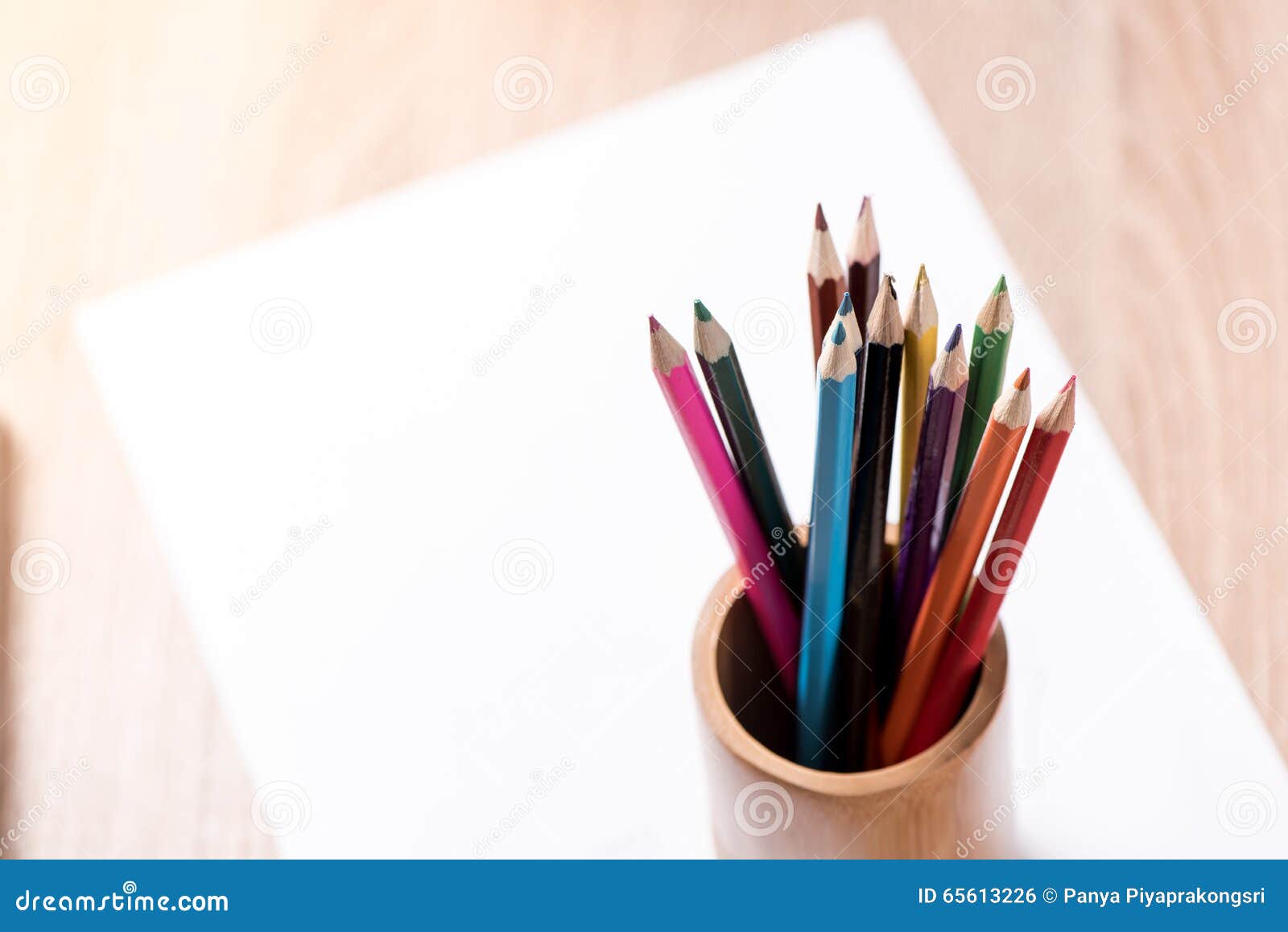 Coloured Pencil and Paper Note on Wood Table Stock Photo - Image of ...