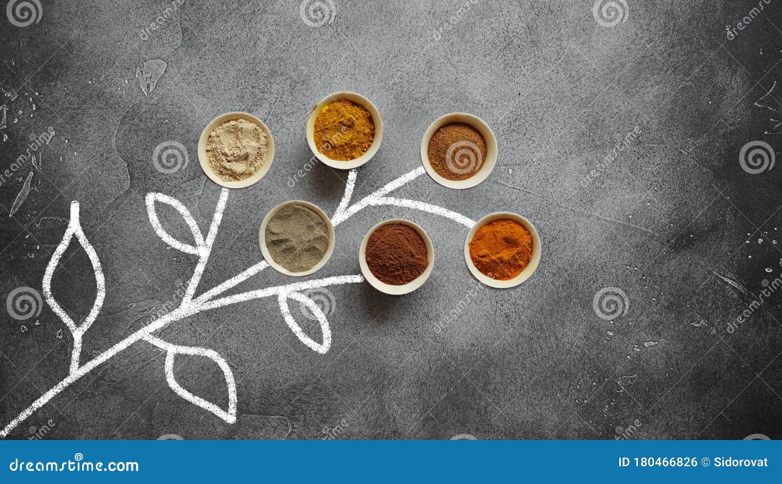 Colourful Assorted Spices with Chalk Drawn Plant on Black Chalkboard ...