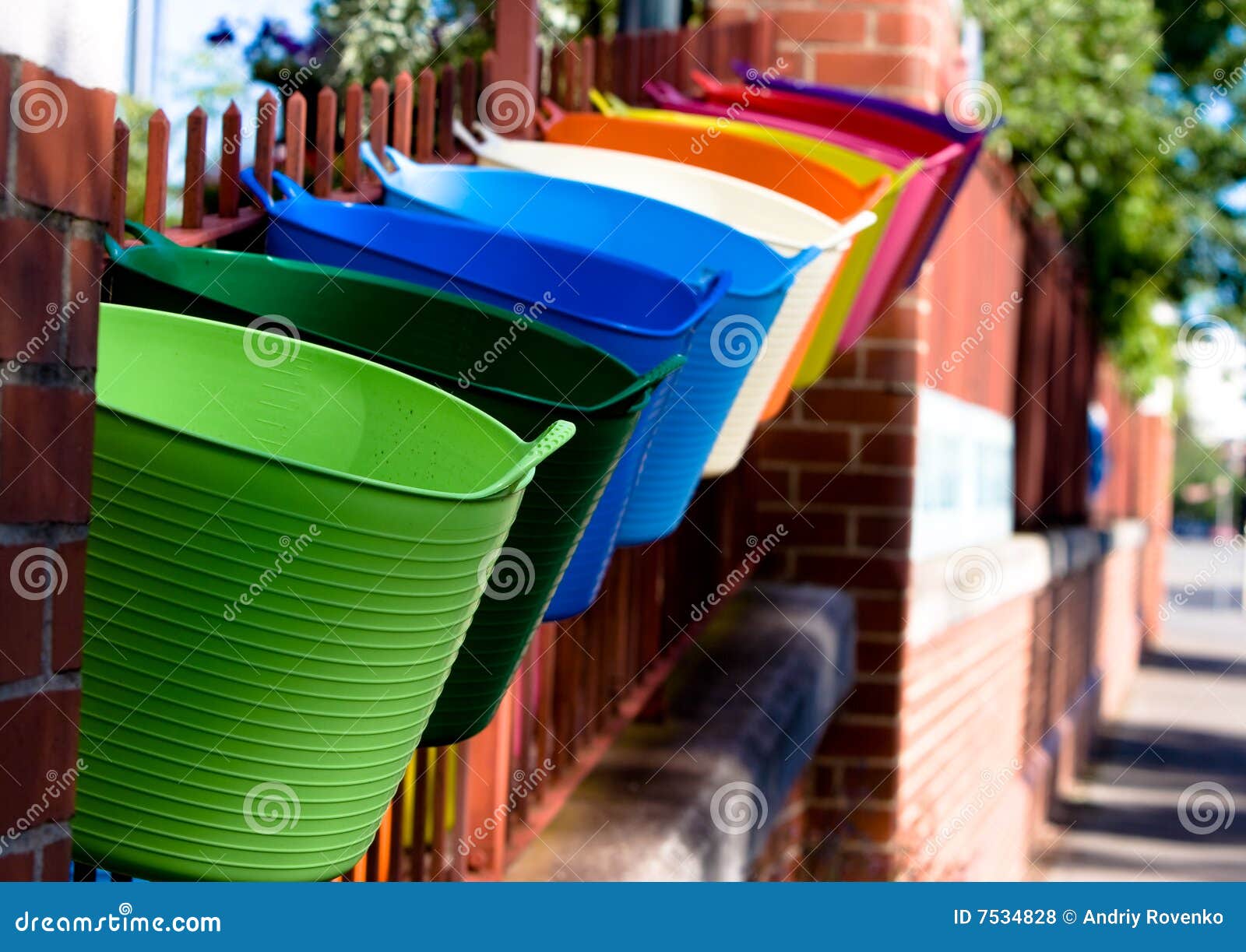Colourful buckets stock photo. Image of blue, yellow, wooden - 7534828