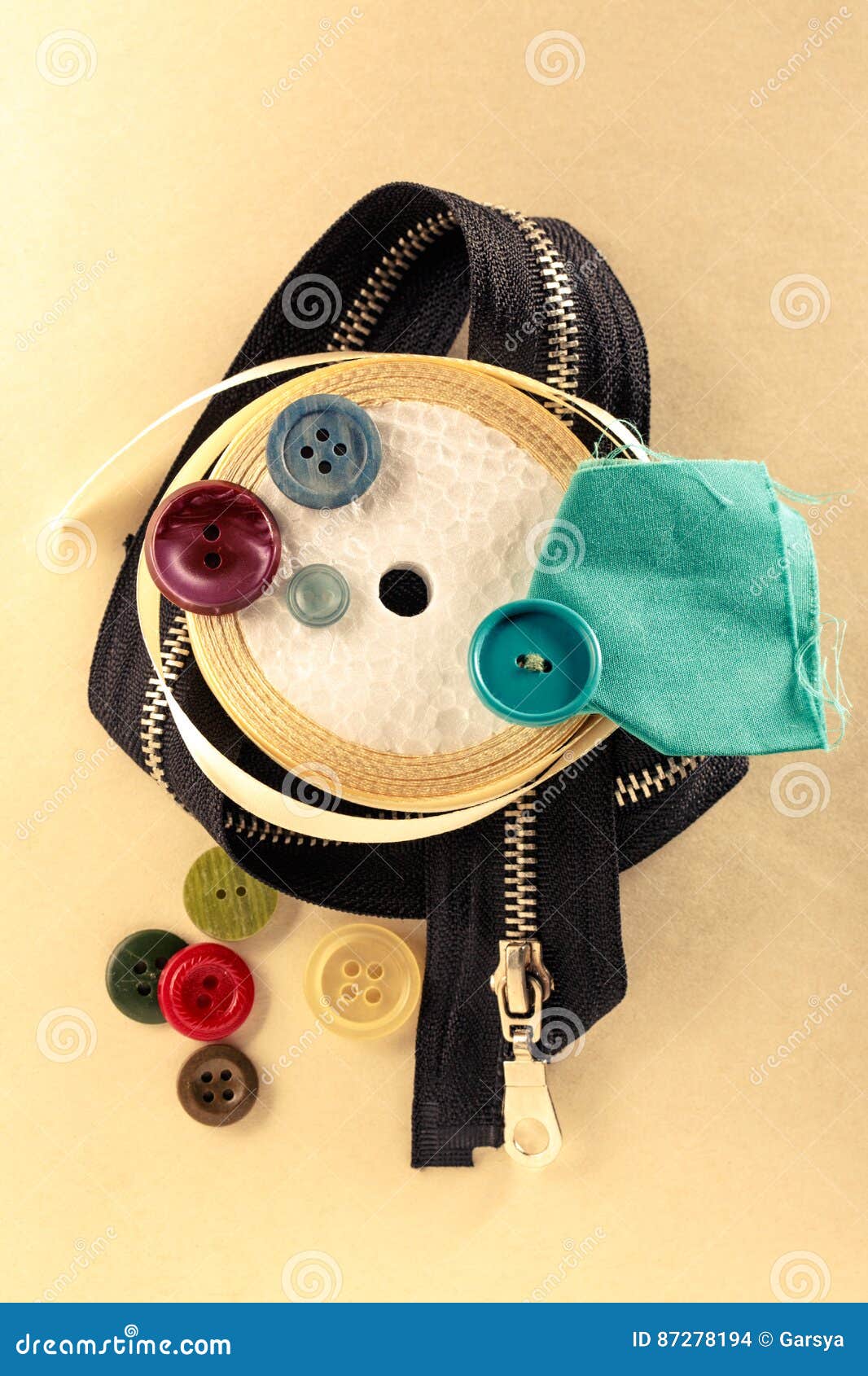 Colourful Buttons, Zipper and Ribbon Roll Stock Photo - Image of group ...