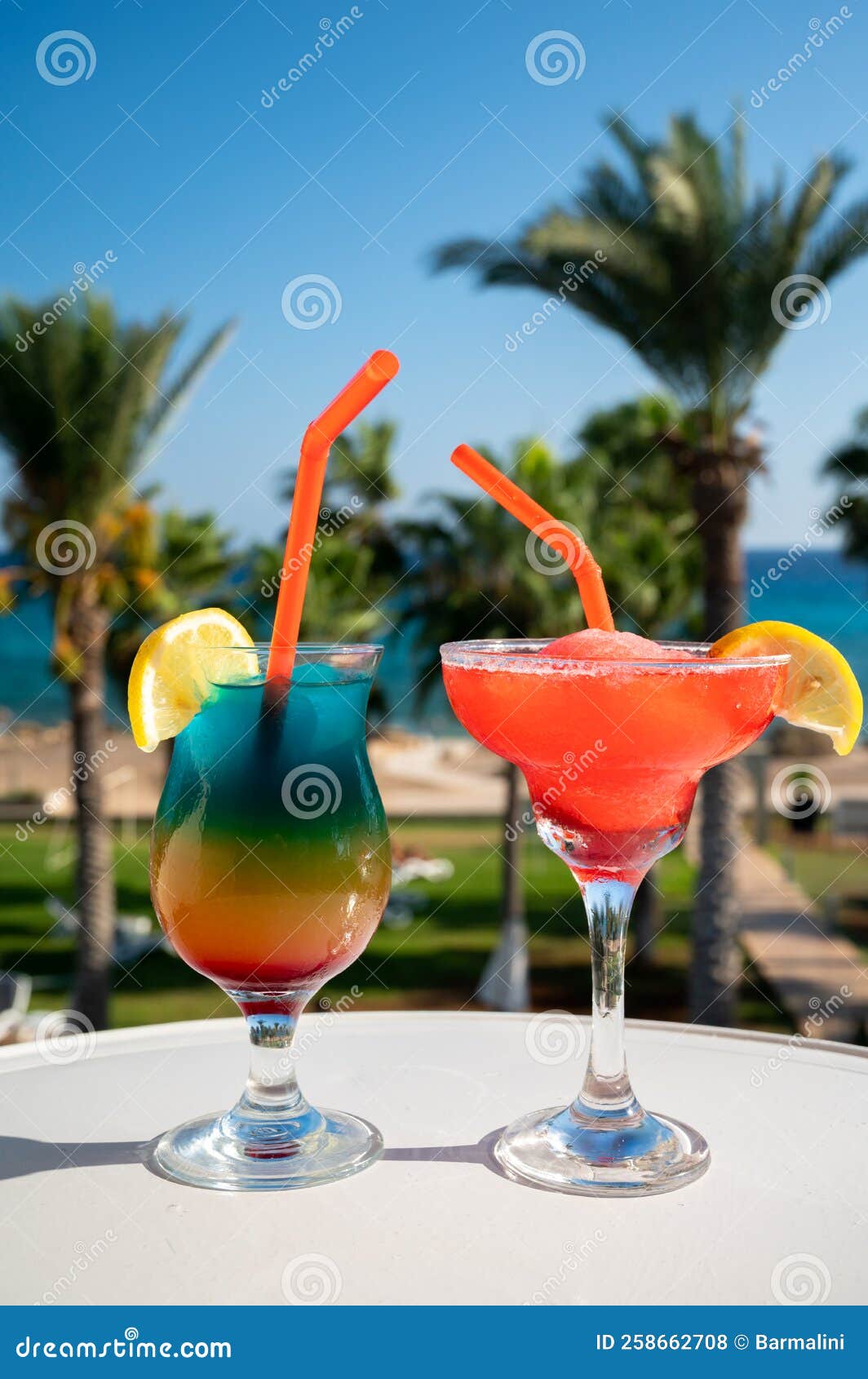 Colourful Cold Rainbow Paradise And Strawberry Daiquiri Cocktail Drinks
