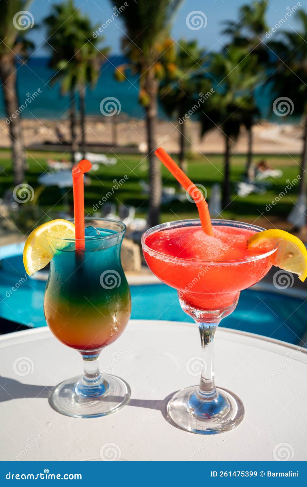 Colourful Cold Rainbow Paradise And Strawberry Daiquiri Cocktail Drinks