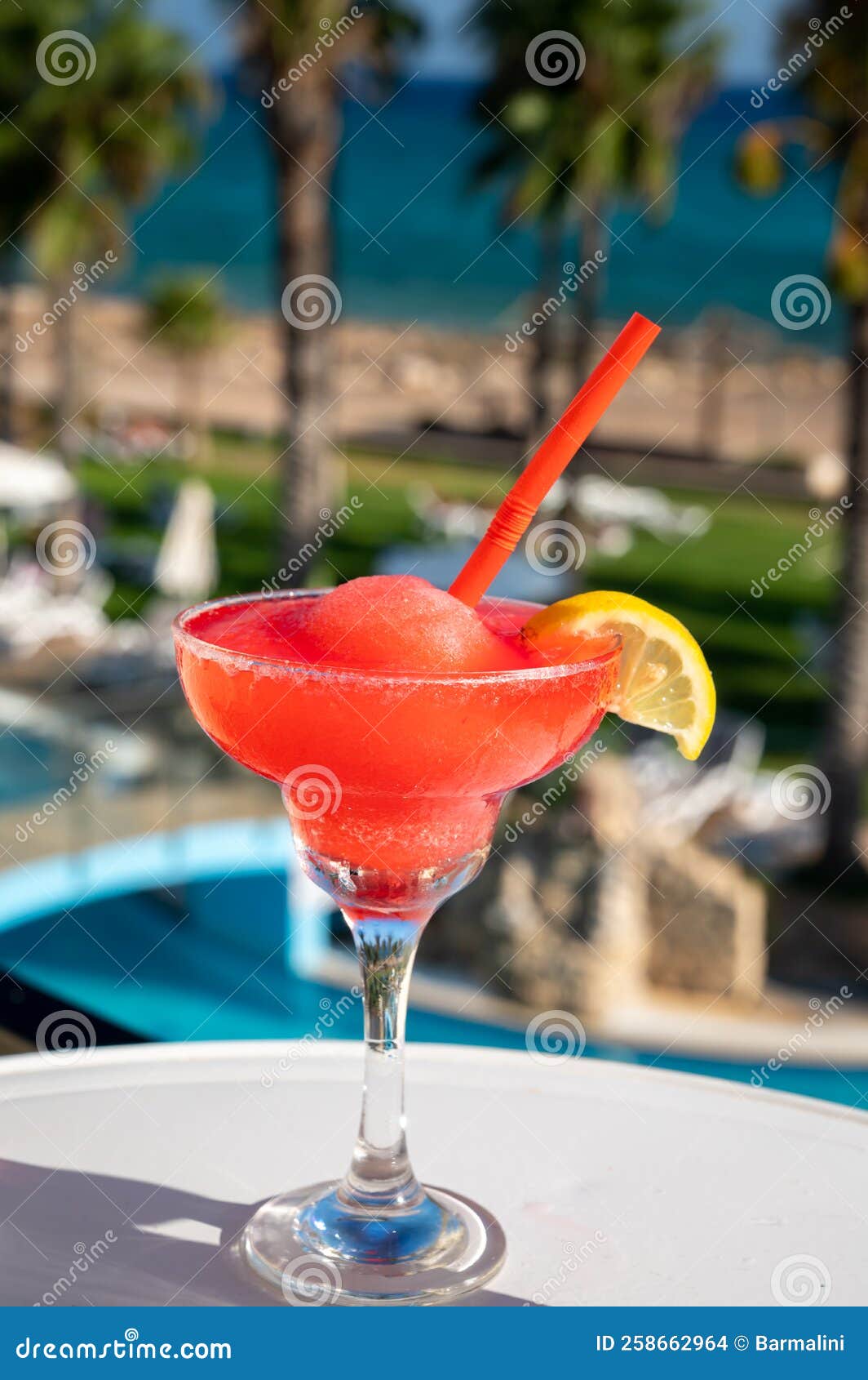 Colourful Cold Strawberry Daiquiri Cocktail Drink Served In Glass At