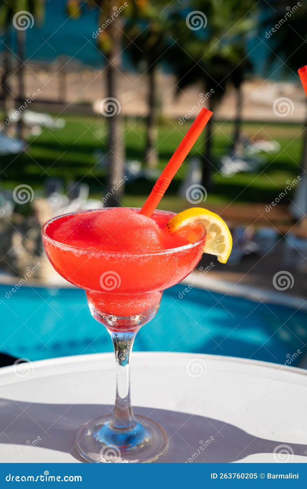 Colourful Cold Strawberry Daiquiri Cocktail Drink Served In Glass At