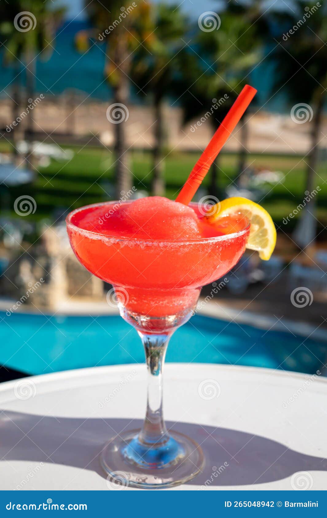 Colourful Cold Strawberry Daiquiri Cocktail Drink Served In Glass At