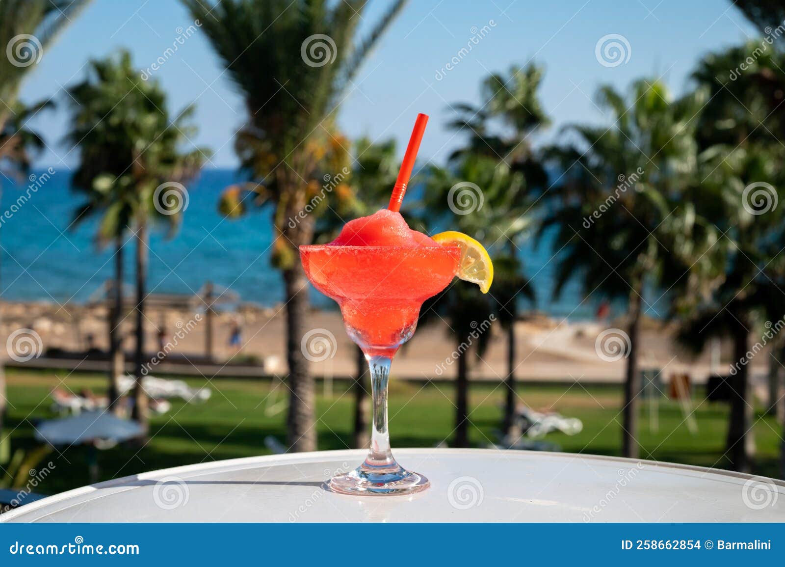 Colourful Cold Strawberry Daiquiri Cocktail Drink Served In Glass At