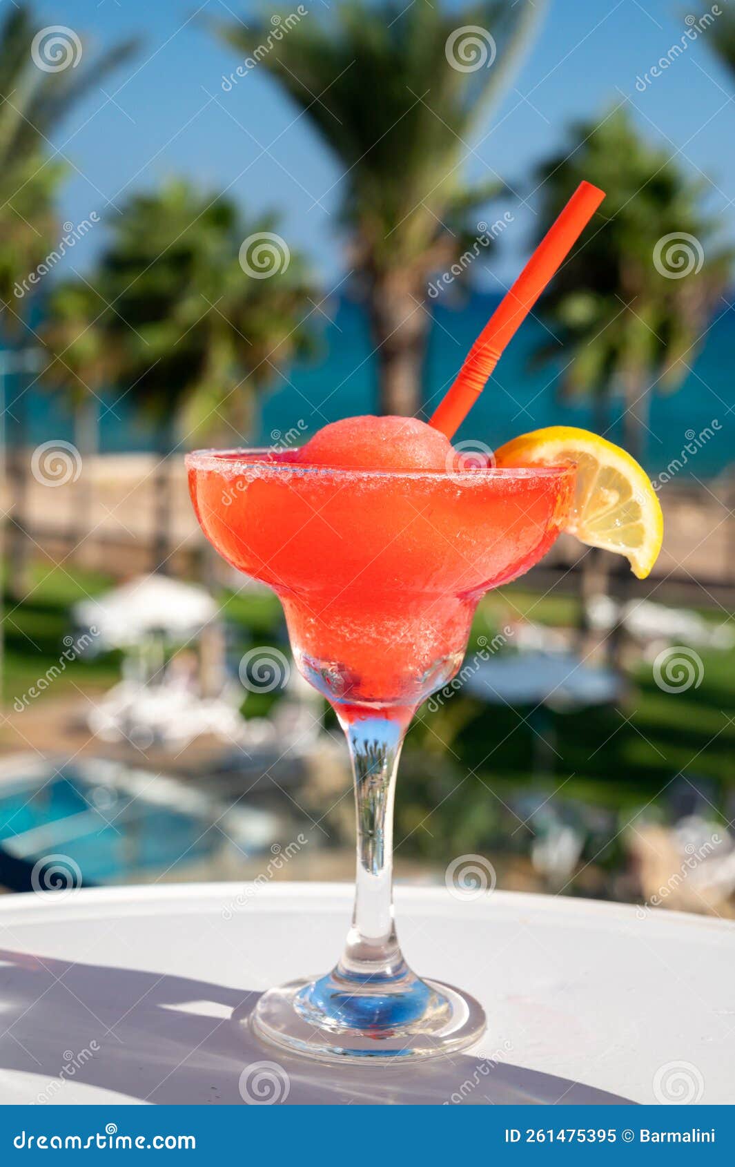 Colourful Cold Strawberry Daiquiri Cocktail Drink Served In Glass At