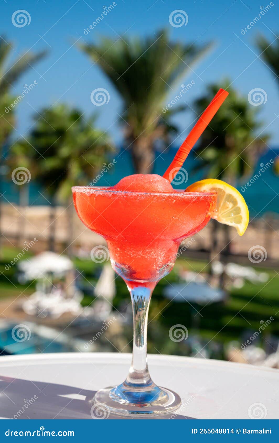 Colourful Cold Strawberry Daiquiri Cocktail Drink Served In Glass At