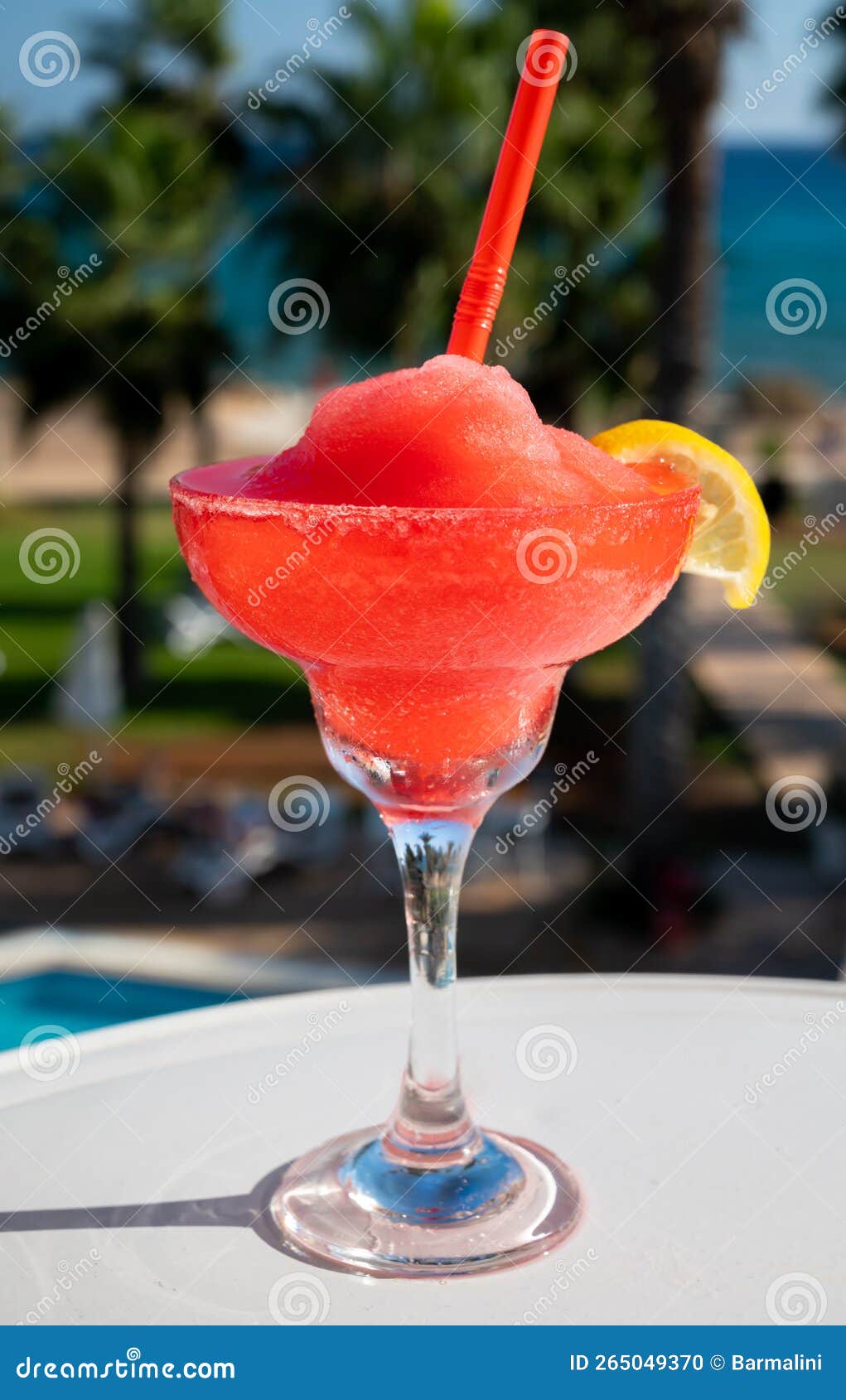 Colourful Cold Strawberry Daiquiri Cocktail Drink Served In Glass At