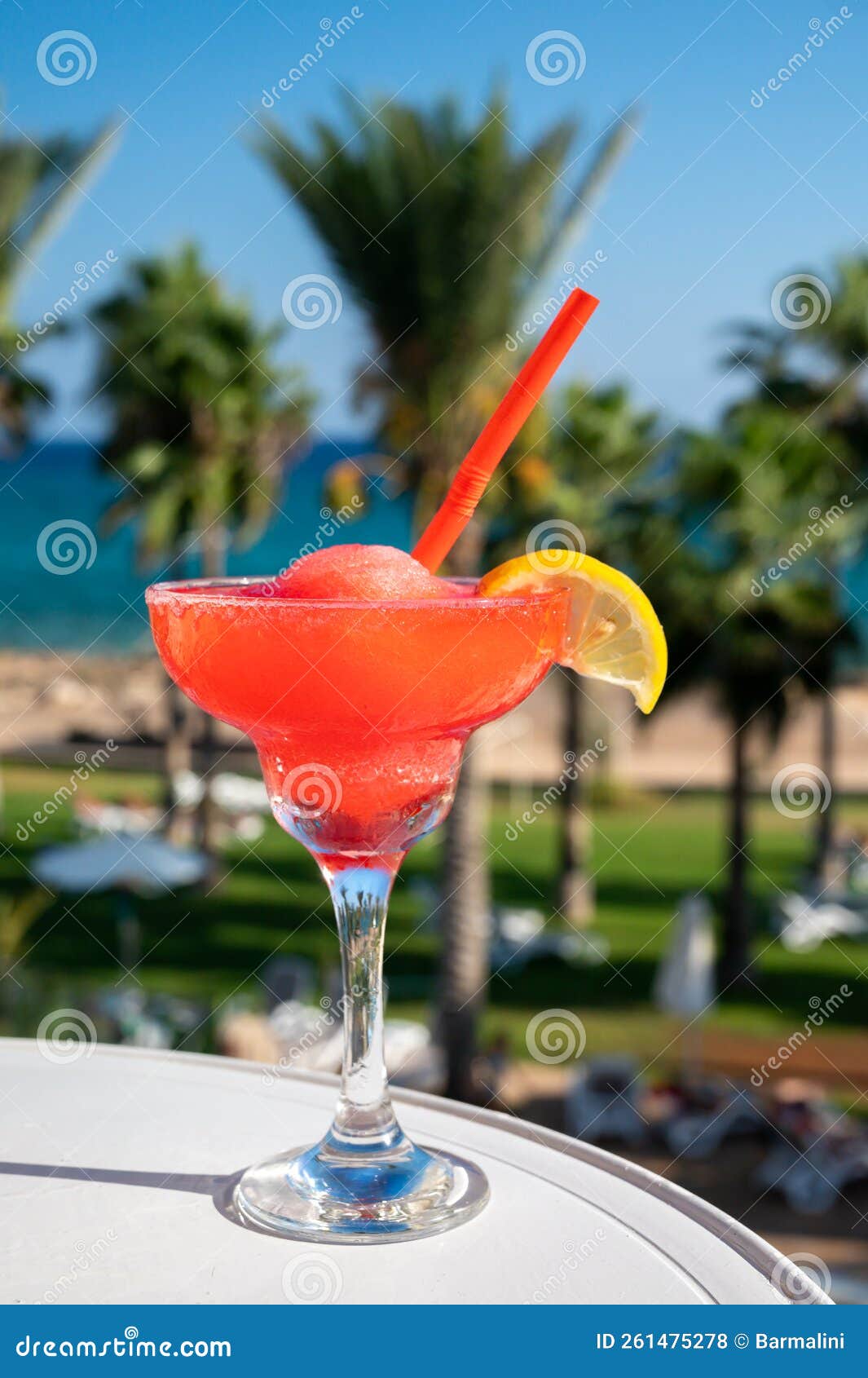 Colourful Cold Strawberry Daiquiri Cocktail Drink Served In Glass At
