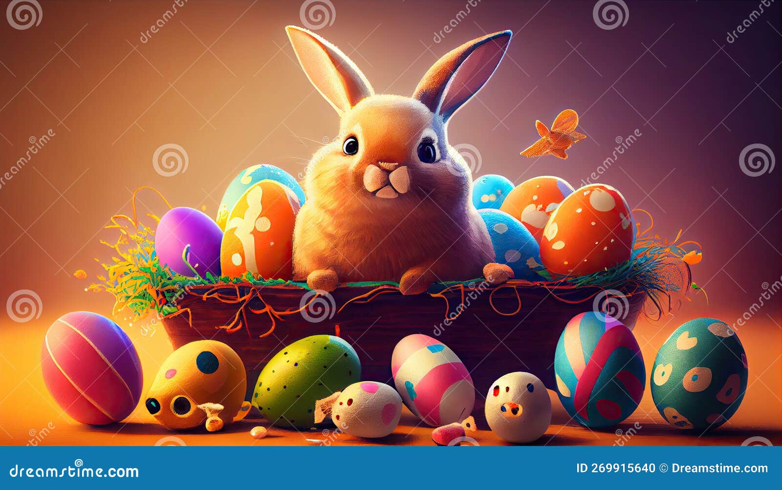 Colourful Cute Easter Bunny in Basket with Eggs Generative AI ...
