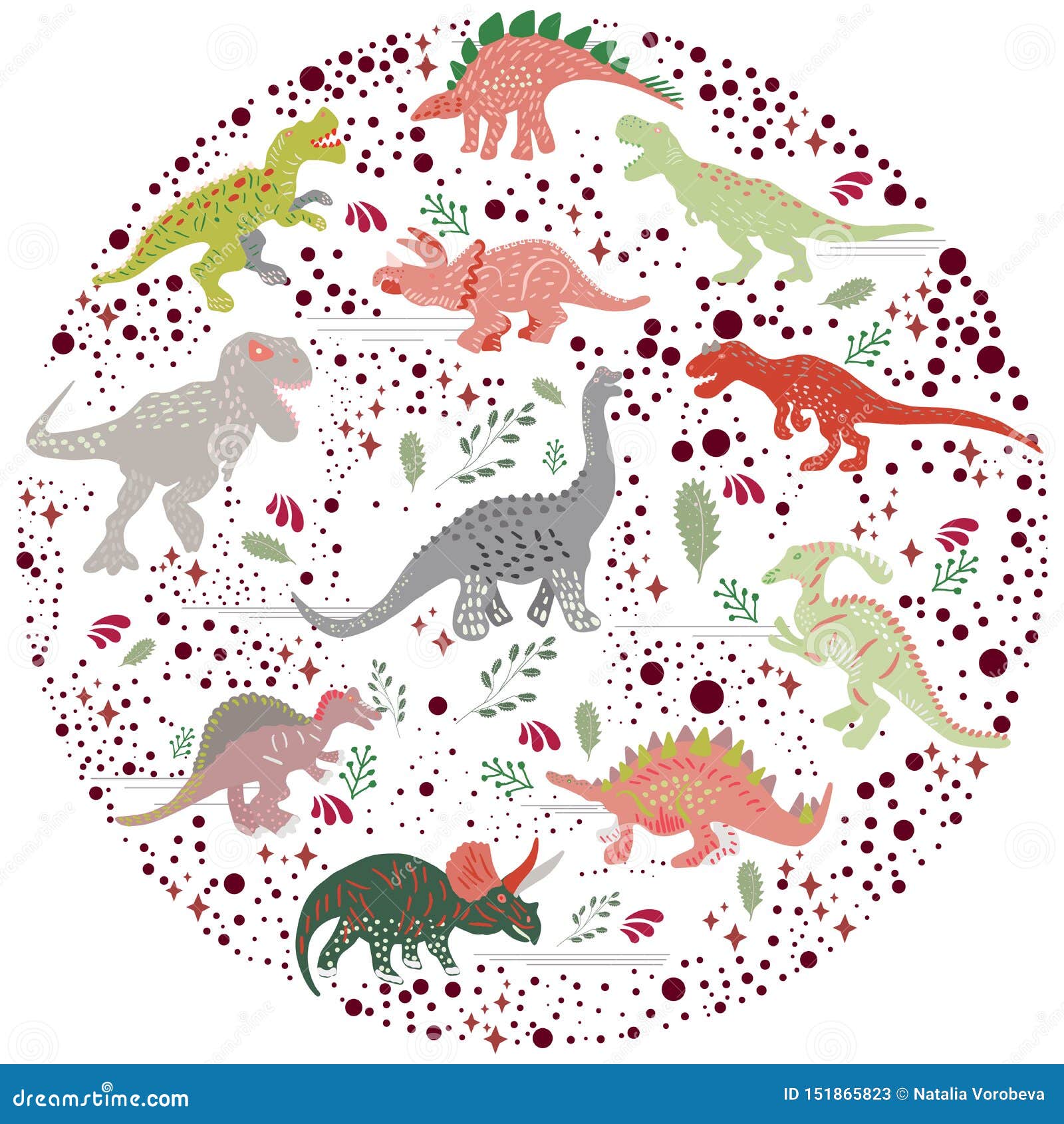 Colourful Dinosaurs Round Flat Hand Drawn Composition on White ...